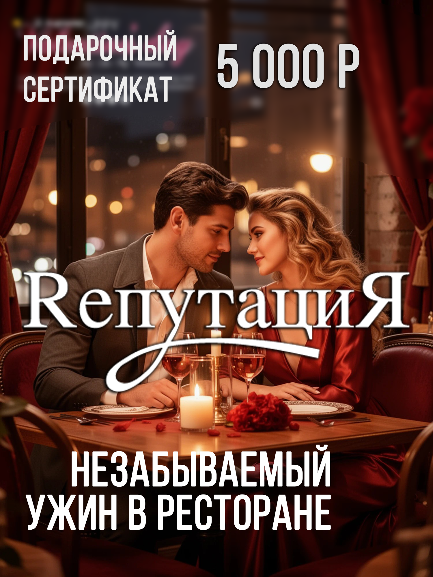 Подарочный сертификат ресторан "Репутация", электронный, для двоих, ужин, 5 000₽, для кафе, ресторанов, баров