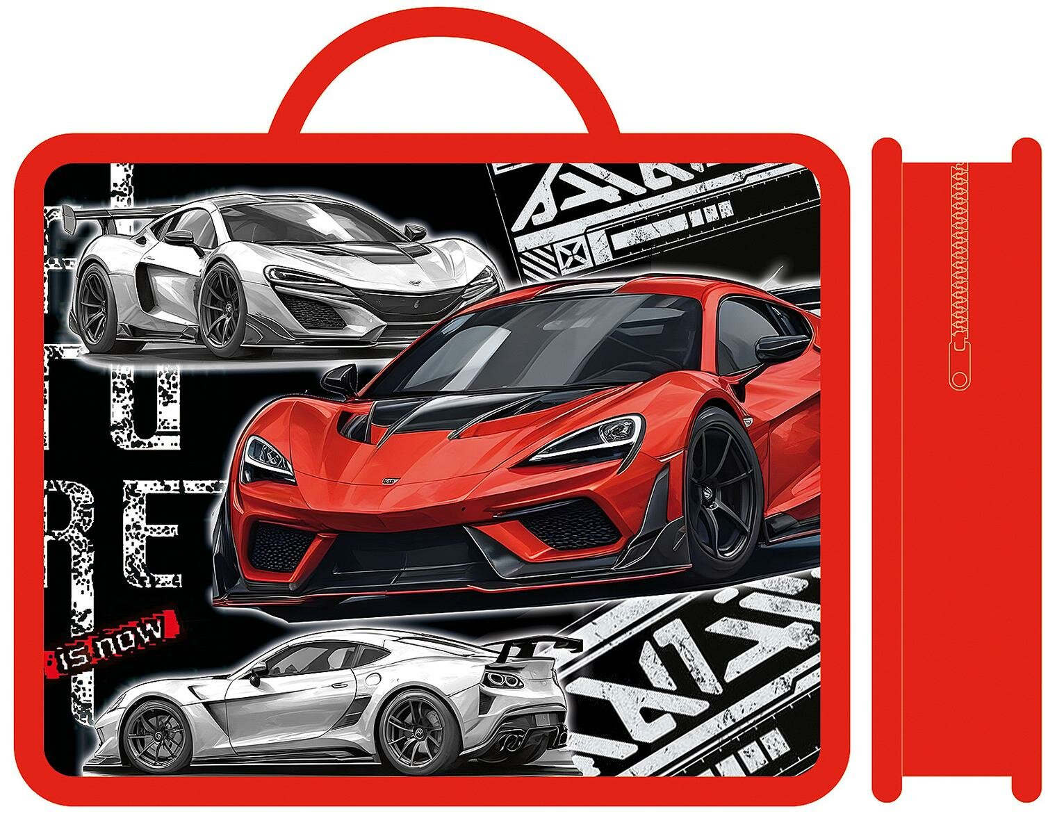 Папка детская А4 пластиковая с ручками "Sport car 2026", красная, 330х260х75 мм, надежная застежка на молнии