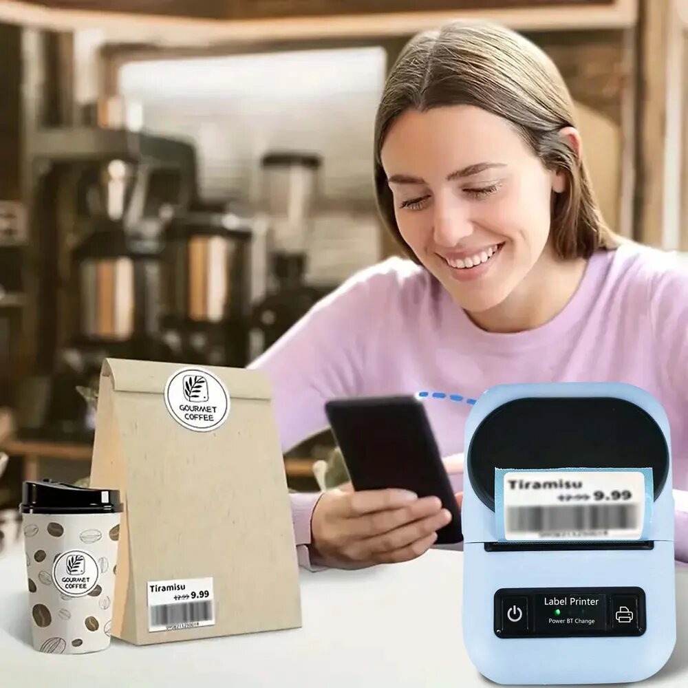 Мини-принтер термотрансферный для этикеток, Монохромный, Bluetooth, портативный — фото 1