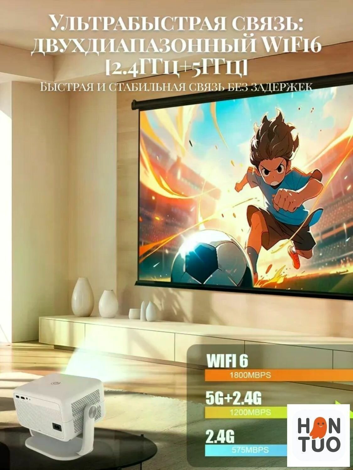 Гобо-проектор для фильмов, Full HD 4К, Android 14.0, Wi-Fi, HDMI, белый