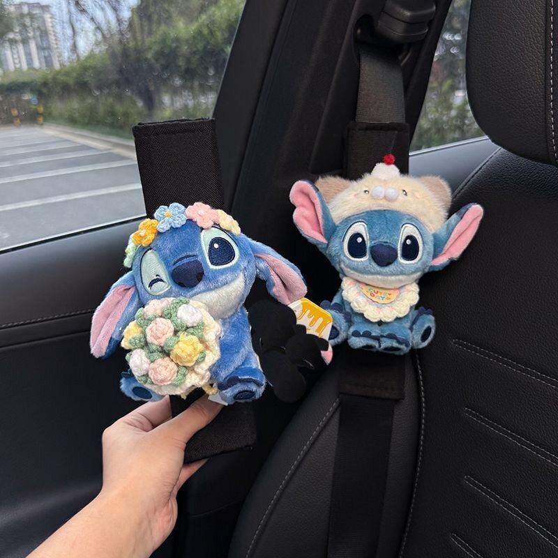 Stitch Чехол на ремень безопасности с Стичем и букетом — чёрный, дышащая ткань, защищает плечо, для авто, подарок 2 шт.