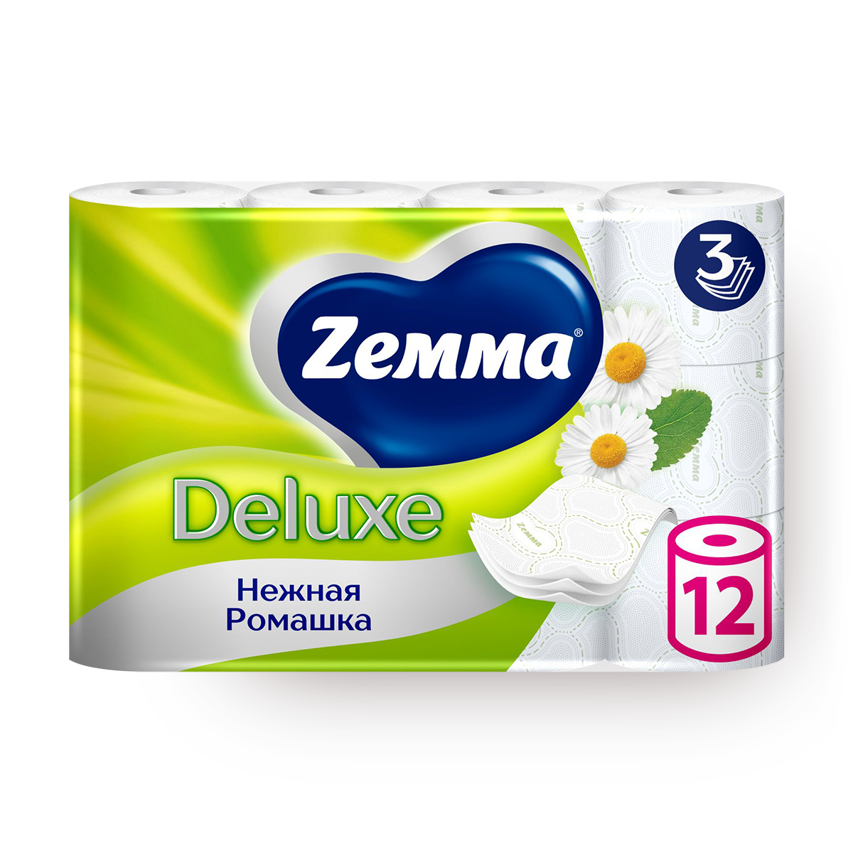 Туалетная бумага Zemma "Deluxe Нежная ромашка", 3 слоя, белая, 12 рулонов