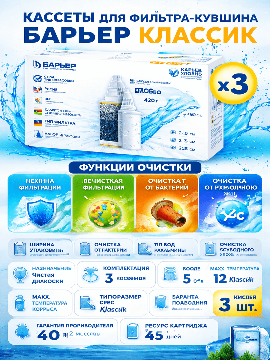 Кассеты для фильтра-кувшина Барьер Классик, 3шт
