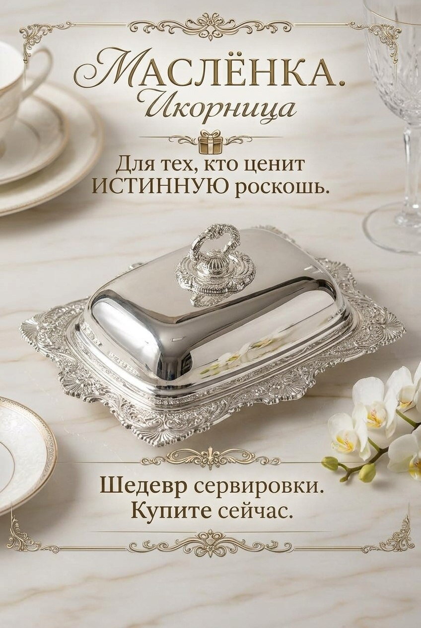 Масленка-икорница "Винтаж", нержавеющая сталь с узором, для сливочного масла