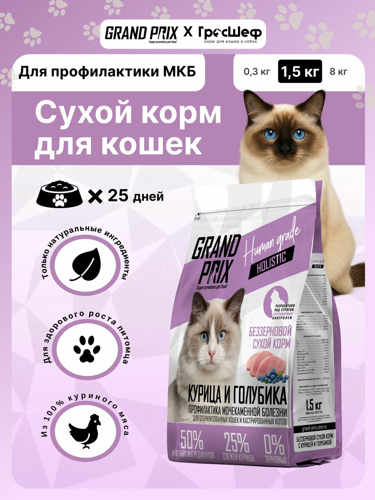 Сухой корм для стерилизованных кошек Grand Prix холистик для профилактики МКБ с курицей и голубикой, 1,5 кг