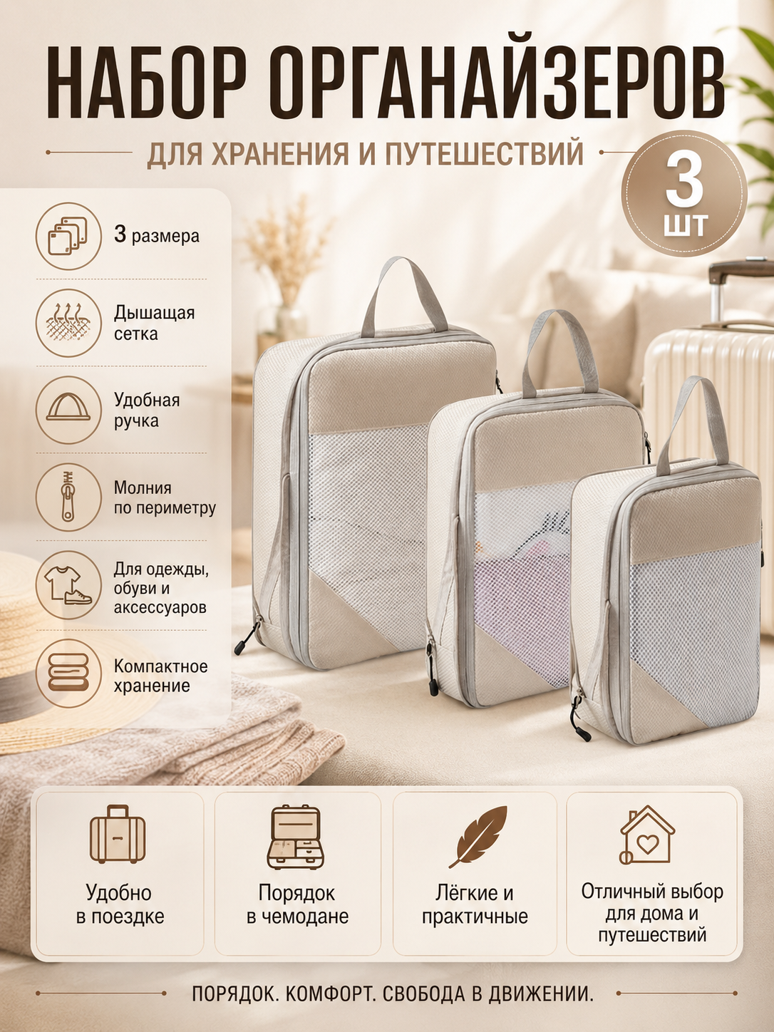 Органайзер для путешествий (набор 3 шт.), серый / дорожный органайзер компрессионный для чемодана для хранения вещей, одежды, белья