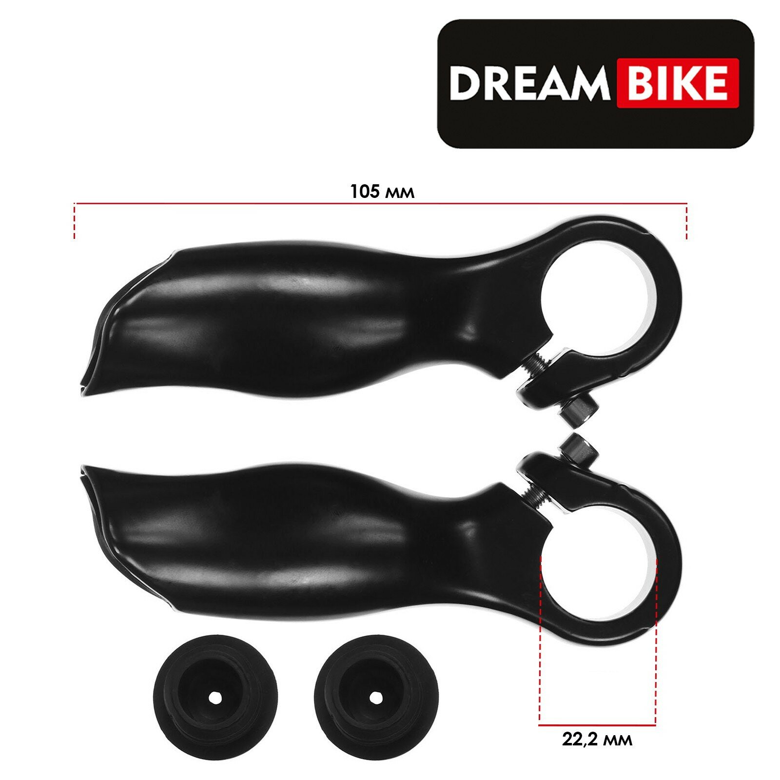Рога на руль Dream Bike, K-14, алюминиевые, чёрные, длина 105 мм, диаметр крепления 22,2 мм