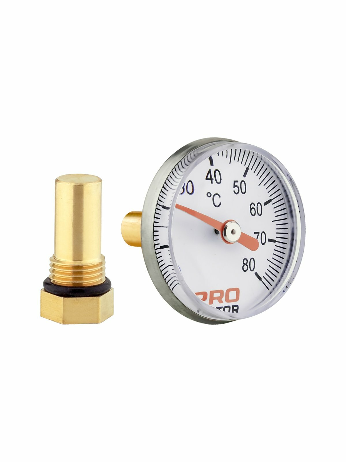 Термометр аксиальный ProFactor 1/4" 40 мм, 0–80°C с гильзой 32 мм для насосов и систем отопления
