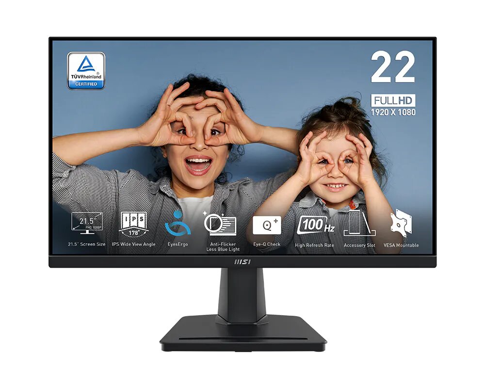 Монитор 21.5" MSI PRO MP225 IPS, 1920x1080, 100Hz, 4ms, 250сd/m, 1300:1, | VGA, HDMI(1.4b) | ExPSU, Vesa 100, Black