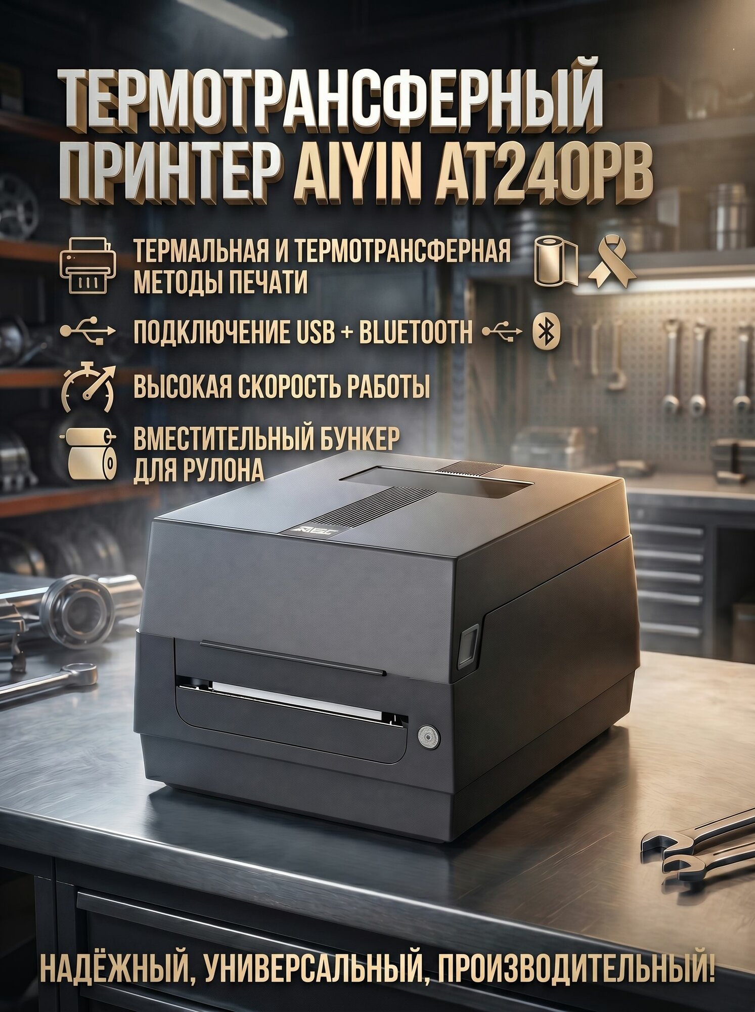 Термотрансферный принтер AiYin AT240PB, принтер для печати на текстильных лентах, термобумаге, этикетках
