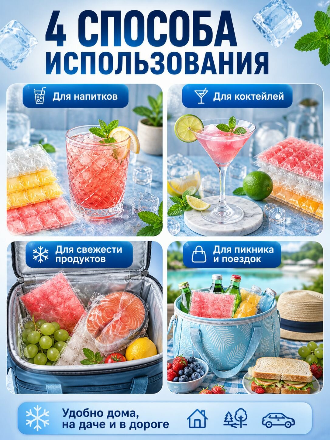 100 пакетов для льда, самозапечатывающиеся, с воронкой. Пищевой РЕ, удобно для летних напитков. — фото 1