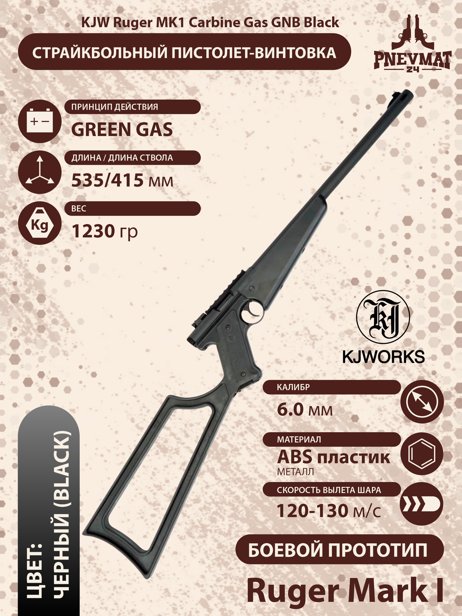 Страйкбольный пистолет-винтовка "KJW" Ruger MK1 Carbine Gas GNB Black