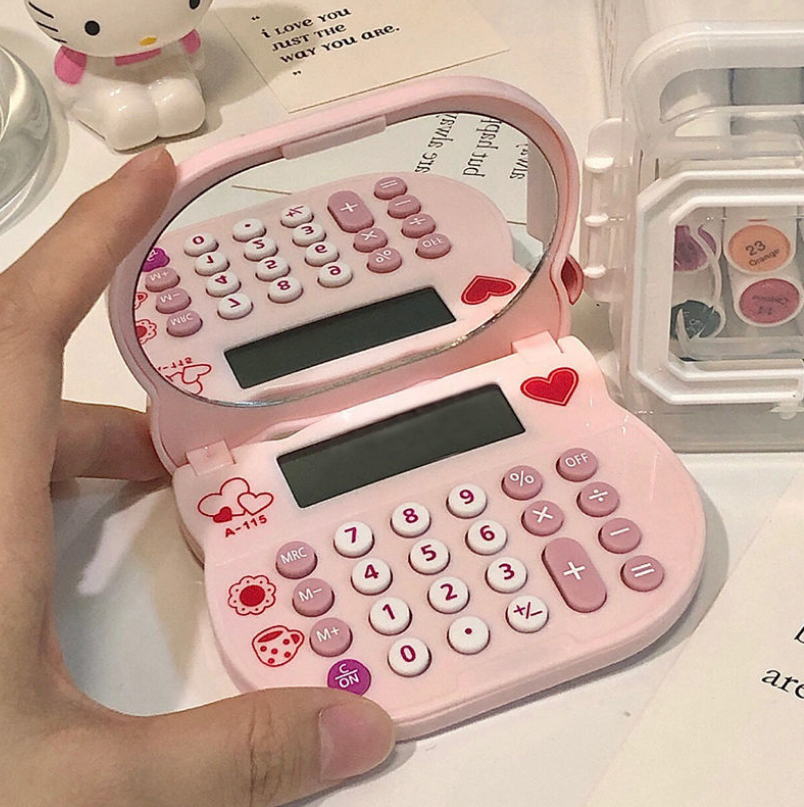 Калькулятор MyPads 2в1 с зеркальцем, розовый Hello Kitty, портативный для школы и офиса
