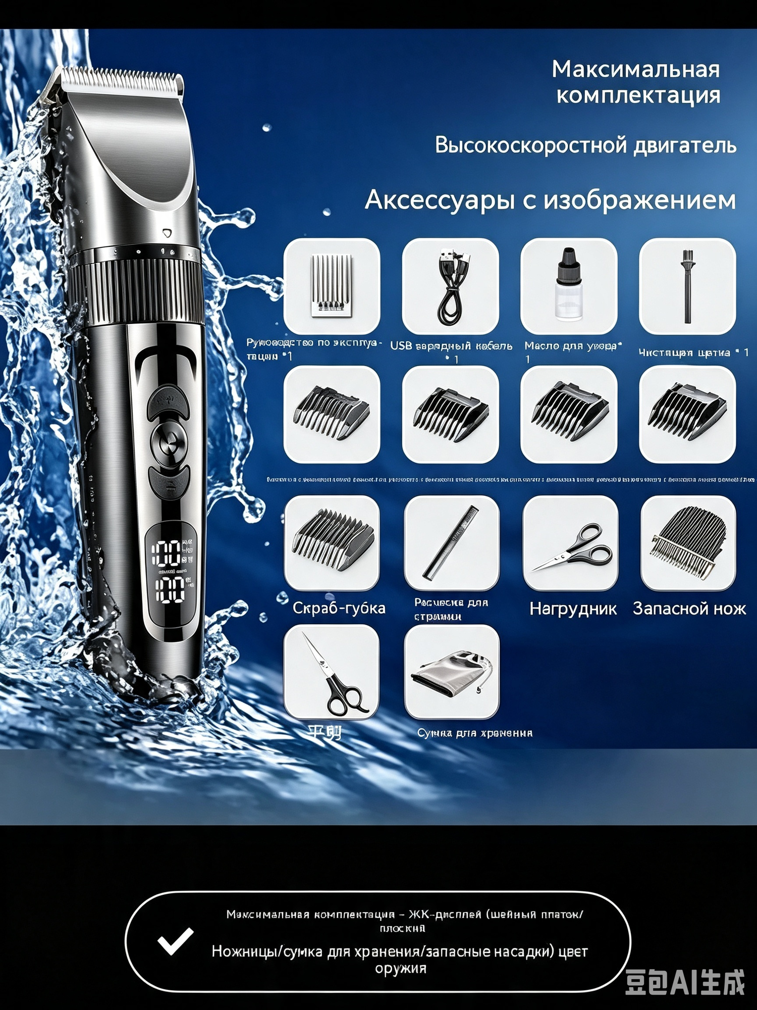 Машинка для стрижки волос, водонепроницаемая, с дисплеем, низкий уровень шума