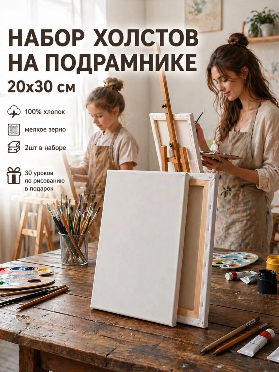 Холст на подрамнике 20х30 для рисования, набор 2 шт