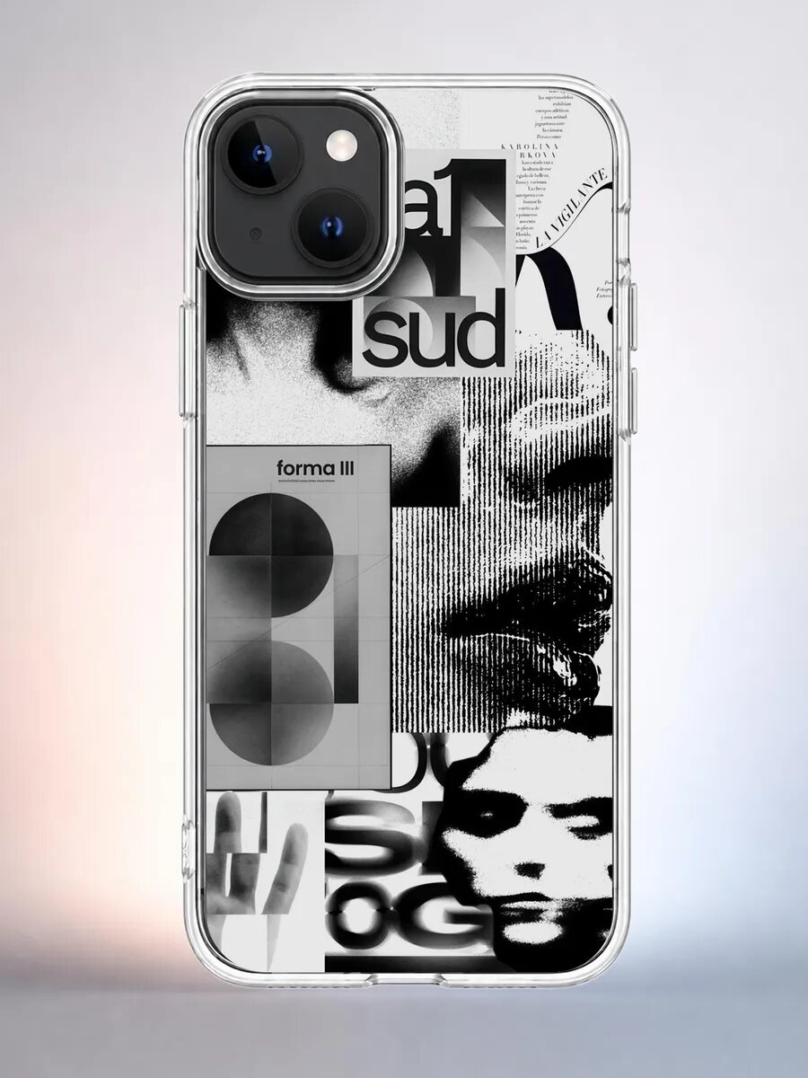 Чехол iPhone 14 коллаж дизайн силиконовый прозрачный