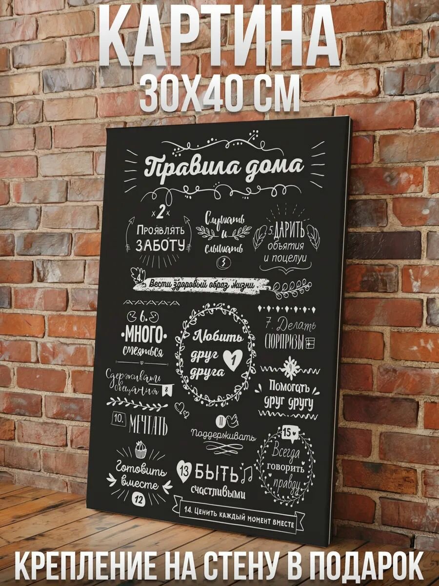 Большая картина на подрамнике - Постер 40х30см Правила дома