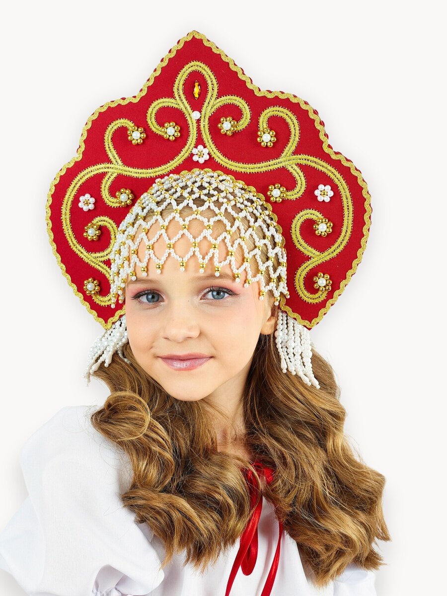 Кокошник русский народный с бусинами красный