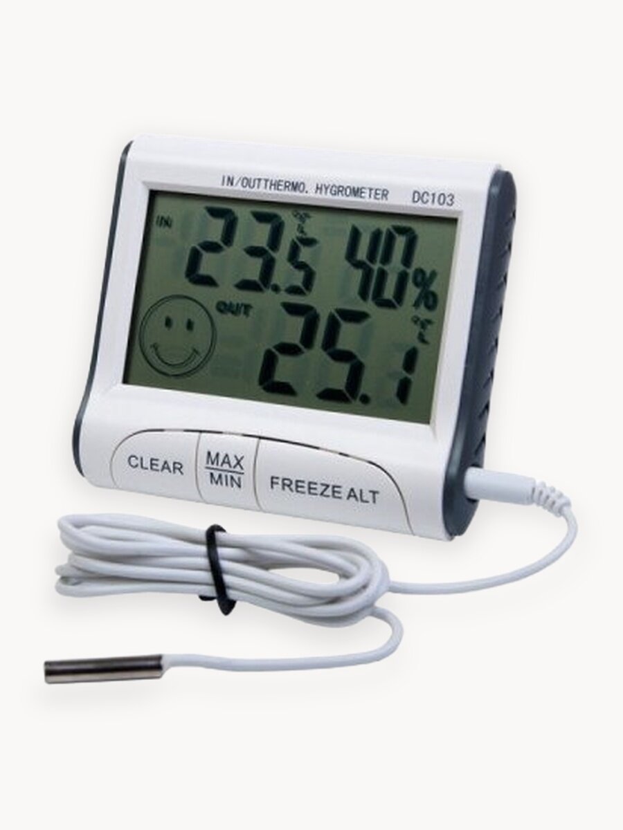 Термометр-гигрометр электронный, DC 103, ЖК дисплей, с выносным датчиком, цвет - белый