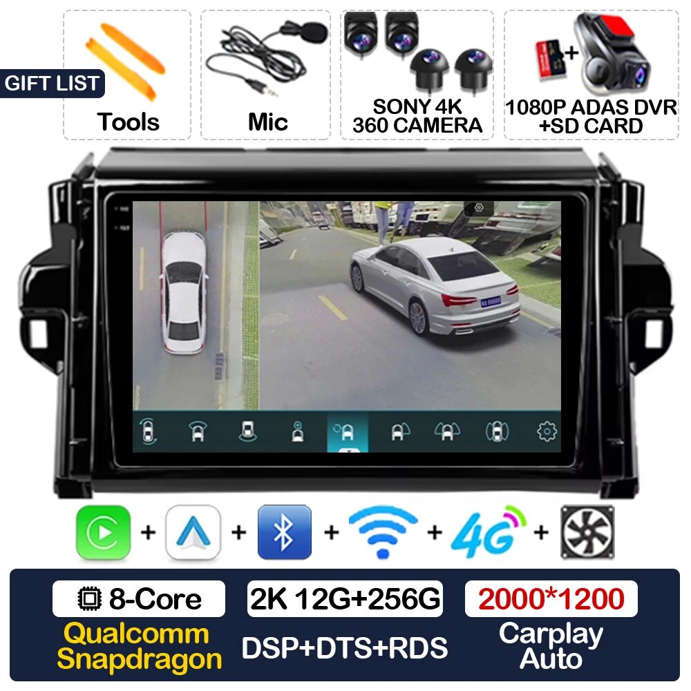 Автомагнитола Android 16 для Toyota Fortuner 2 2015-2020 с GPS-навигацией, Qualcomm, Bluetooth, мультимедиа, стерео и видеоплеером