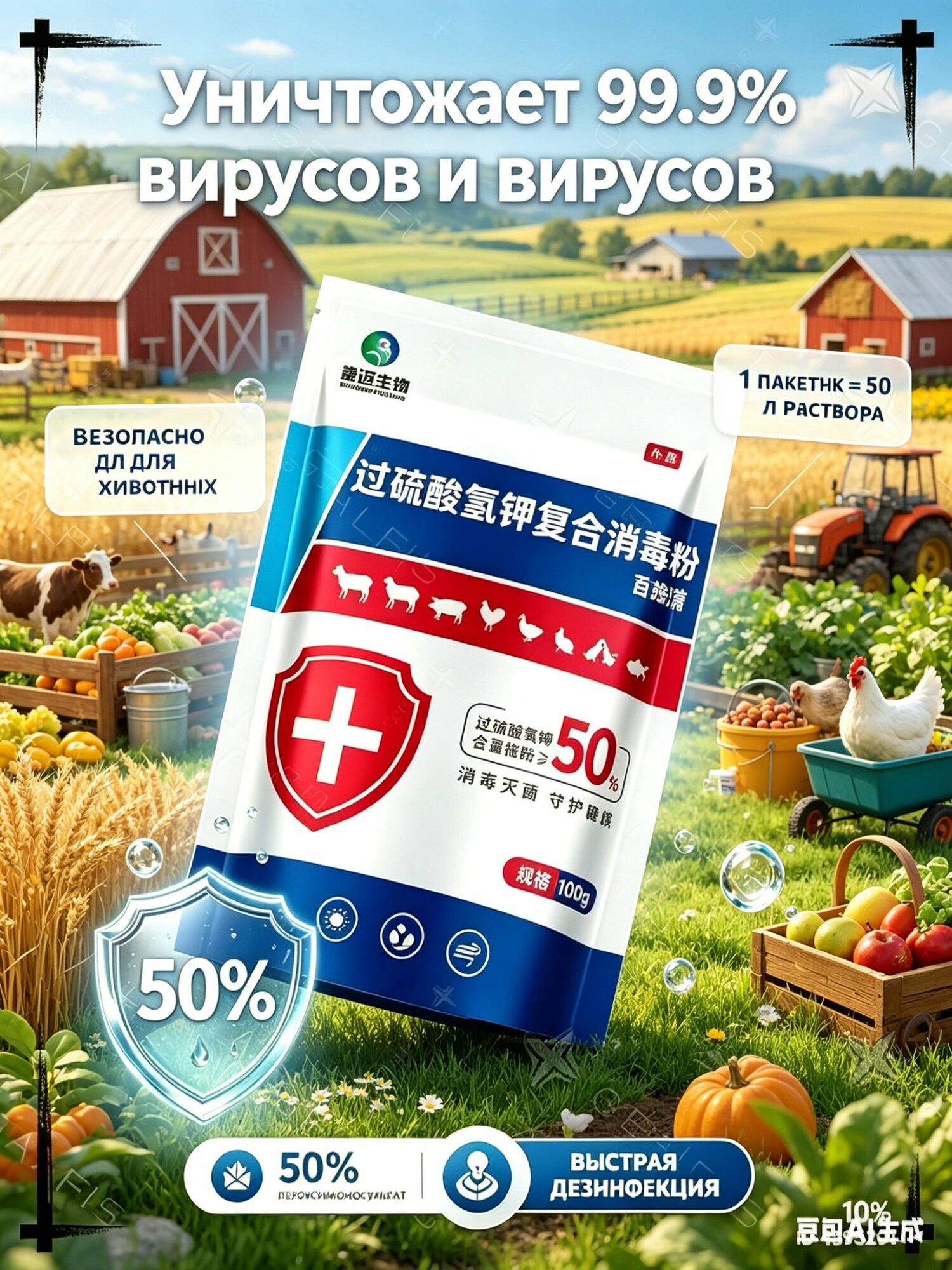 Дезинфицирующее средство, порошок пероксимоносульфата калия 50% - эффективная дезинфекция курятников, инкубаторов и ферм, защита животных от вирусов и бактерий антисептик для птичников обработка инкубаторов средство для животноводства