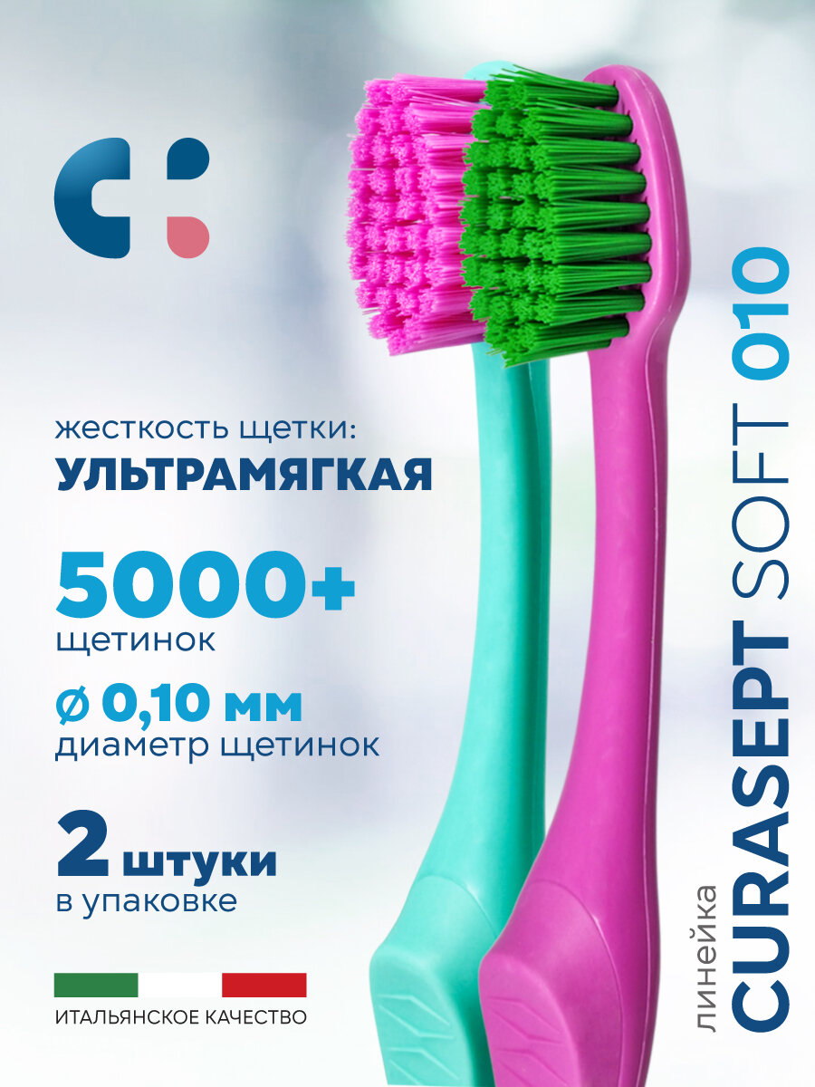 Зубная щетка ультрамягкая CURASEPT MAXI Soft 010 при гиперчувствительности зубов, кровоточивости десен, для всей семьи, Курасепт, Италия, набор 2шт (салатовый, розовый) + 2 колпачка