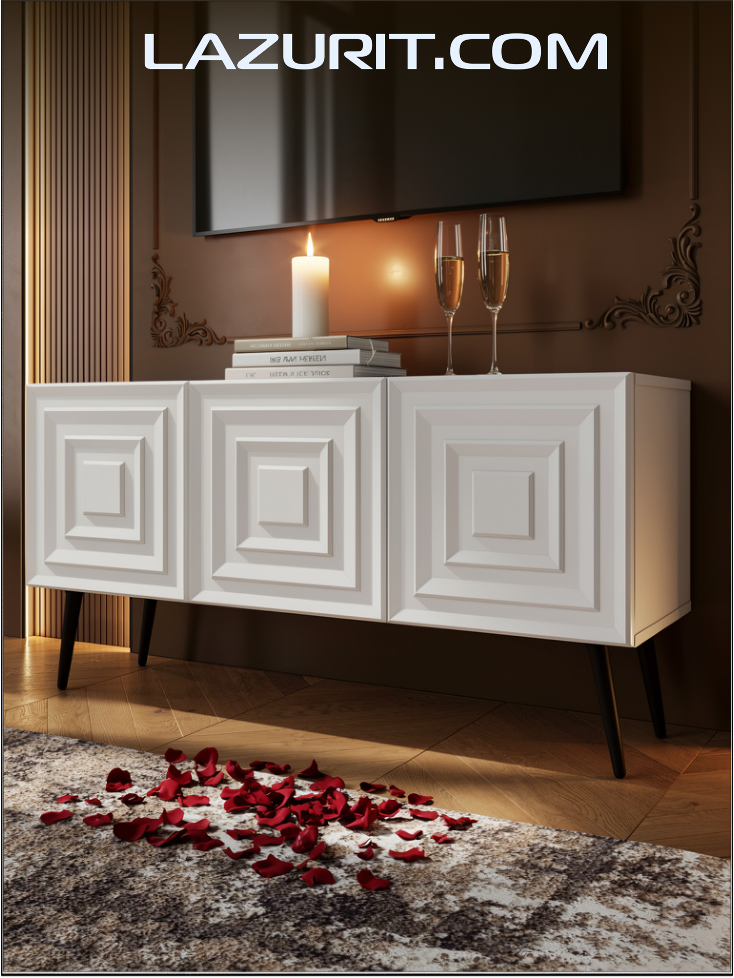 ТВ Тумба под телевизор 50" напольная белая Lazurit Alpes с ящиками с черным ножками 115х58х36 Soft-touch