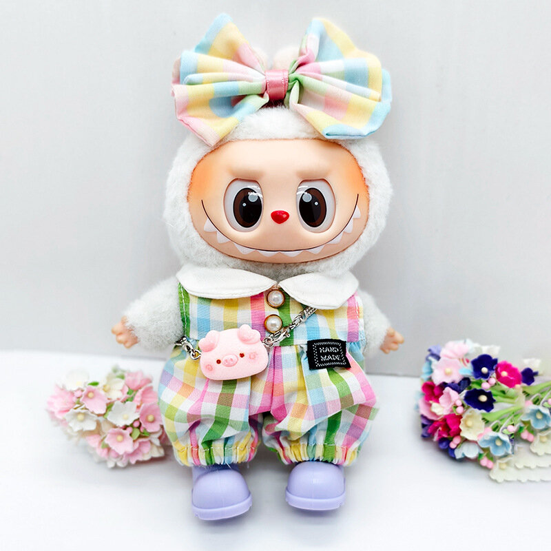 Только детская одежда】Ключница первого, второго и третьего поколения, подвеска с одеждой Labubu, комплект детской одежды Labubu с радужными клетчатыми штанами