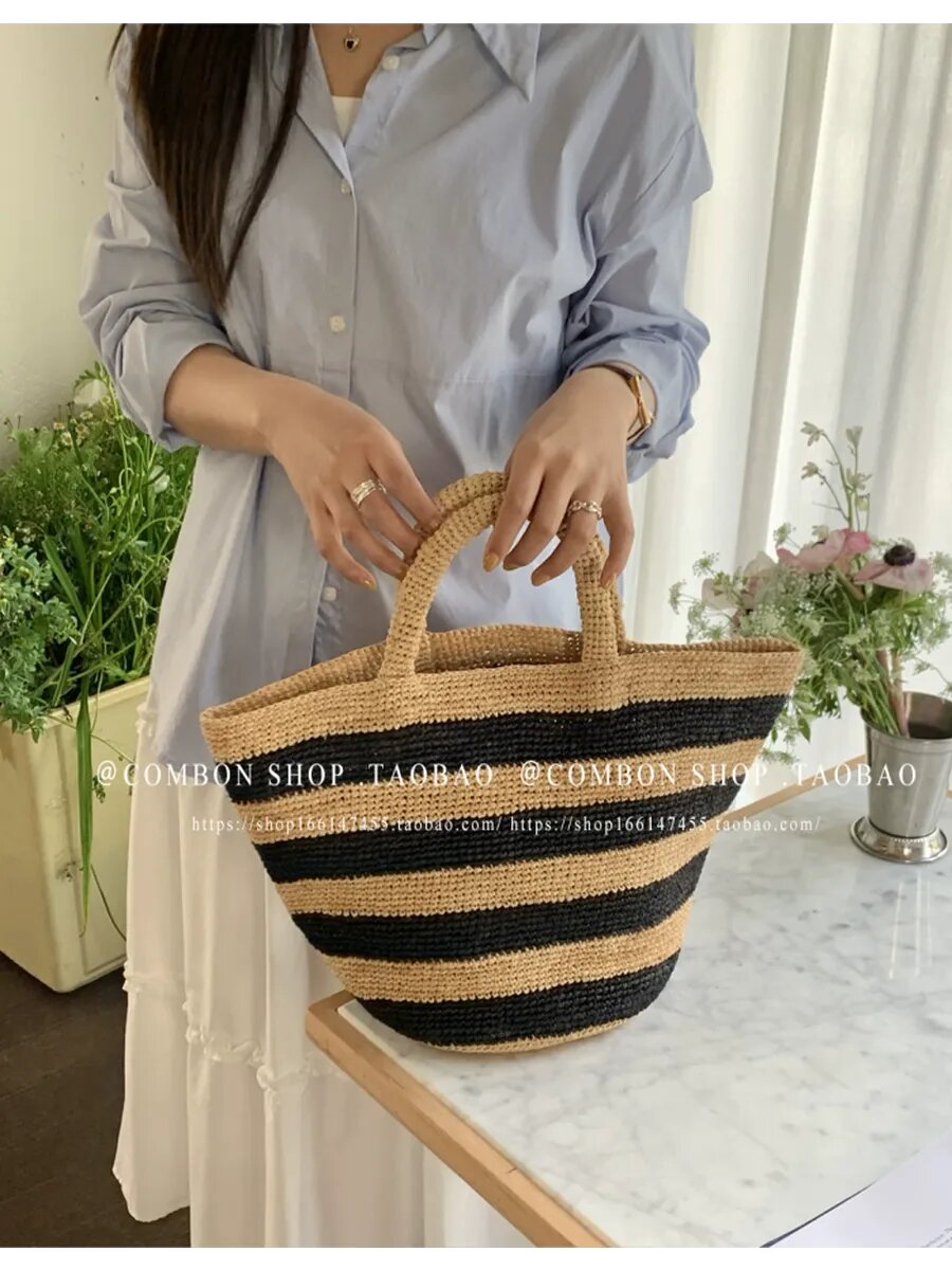 Японская сумка-тоут из рафии с полосками, цвет рисунка