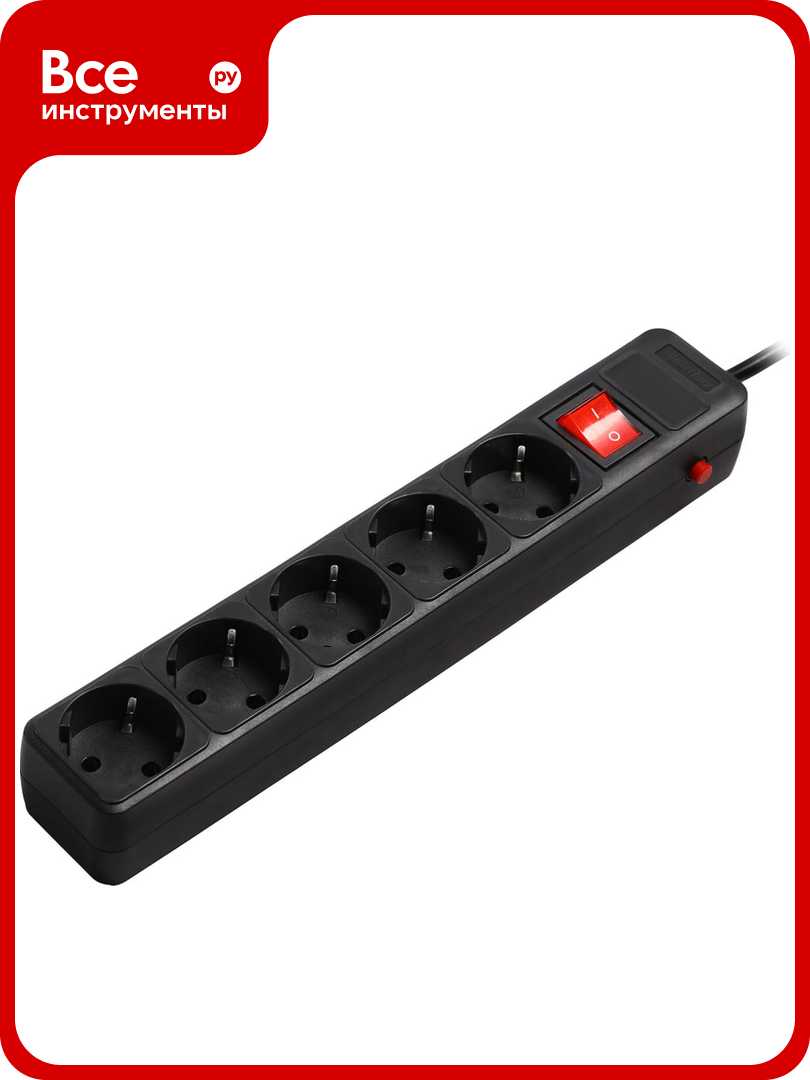 Сетевой фильтр Smartbuy 16А 3500 Вт 5 гнёзд с заземлением ПВС 3x1.0 мм² длиной 1,8 м черного цвета