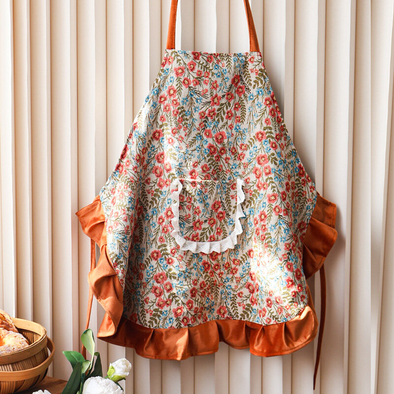 Винтажный высококачественный кружевной фартук для домашней кухни, фартук с завязками на шее, цветочный устойчивый к пятнам рабочий халат интернет-знаменитости