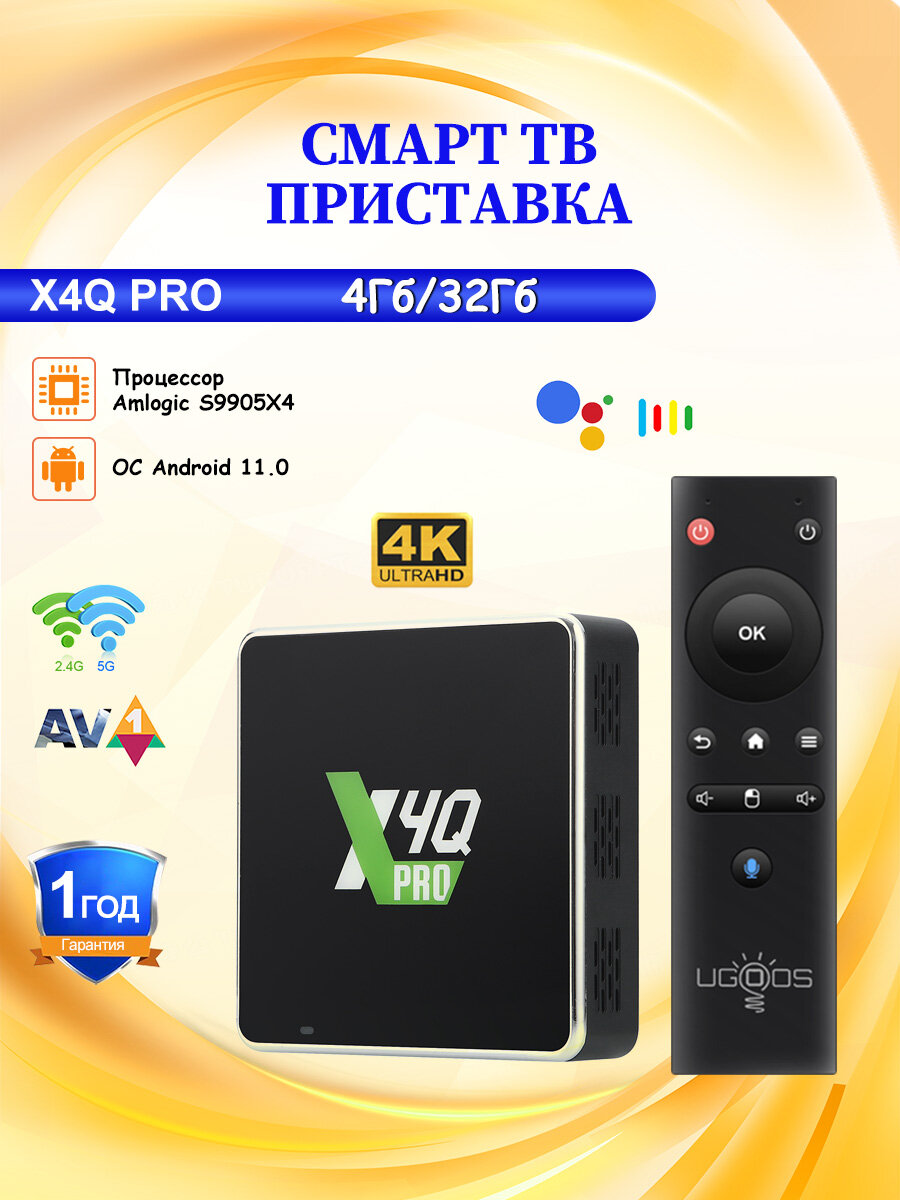 Смарт ТВ приставка Ugoos X4Q PRO 4/32 Гб Amlogic S905X4 Android 11.0 пульт c гироскопом и голосовым управлением