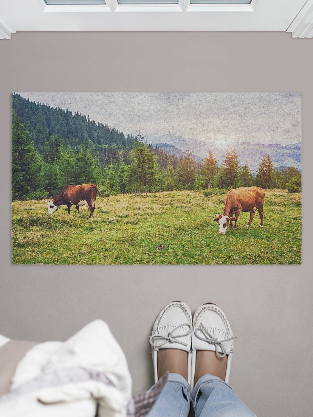 Коврик придверный в прихожую с принтом "Коровы на лугу" 45 на 75 см , JoyArty