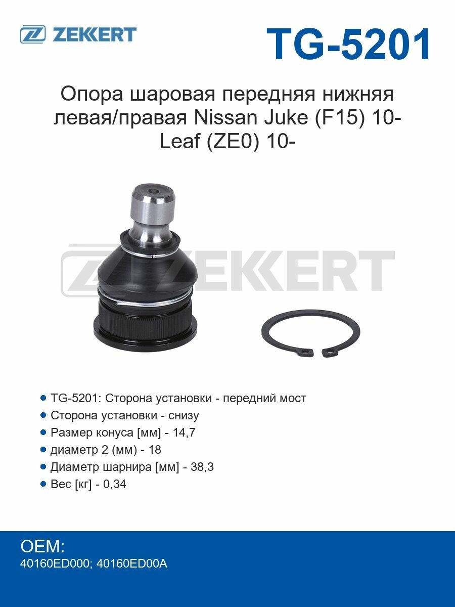 Zekkert Опора шаровая передняя нижняя левая/правая Nissan Cube (Z12) с 2009 года Tiida (_C11) с 2007 года Juke (F15) с 2010 года NV200