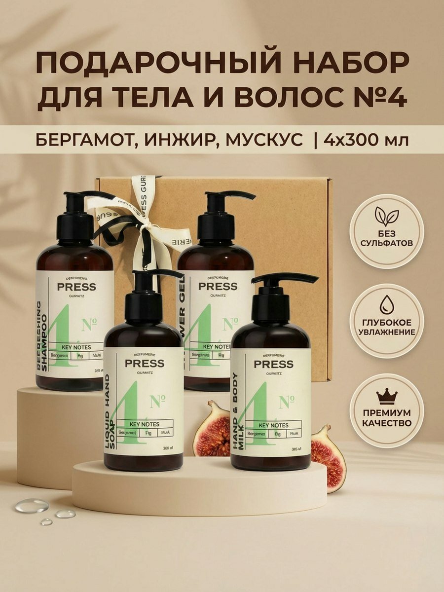Косметический подарочный набор для тела и волос PRESS GURWITZ №4 с ароматом бергамота, инжира и мускуса, 4×300 мл