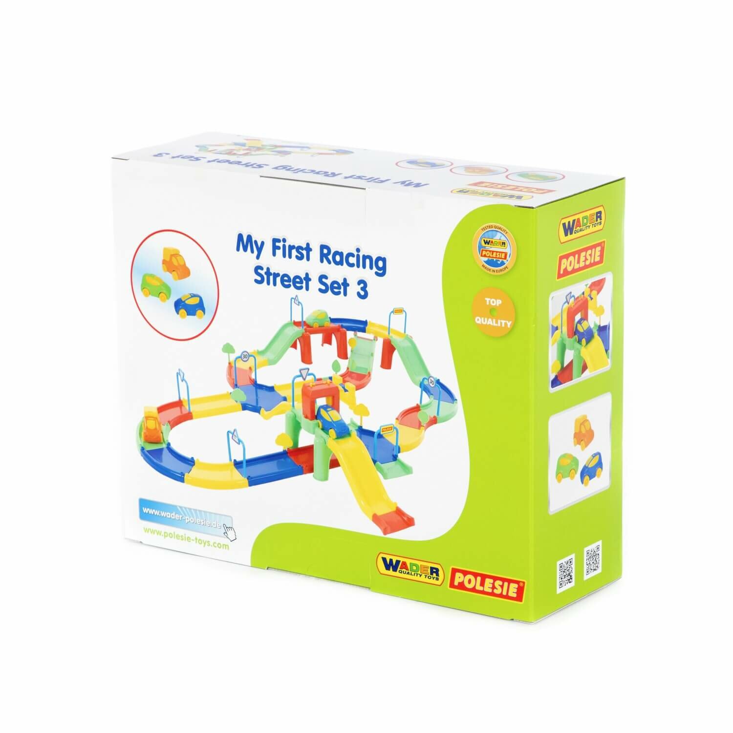 Пл. Гоночный трек №3 (в коробке)64 эл.- автомойка, заправка,8 дорож. знаков,8 деревьев,3 авто, наклейки