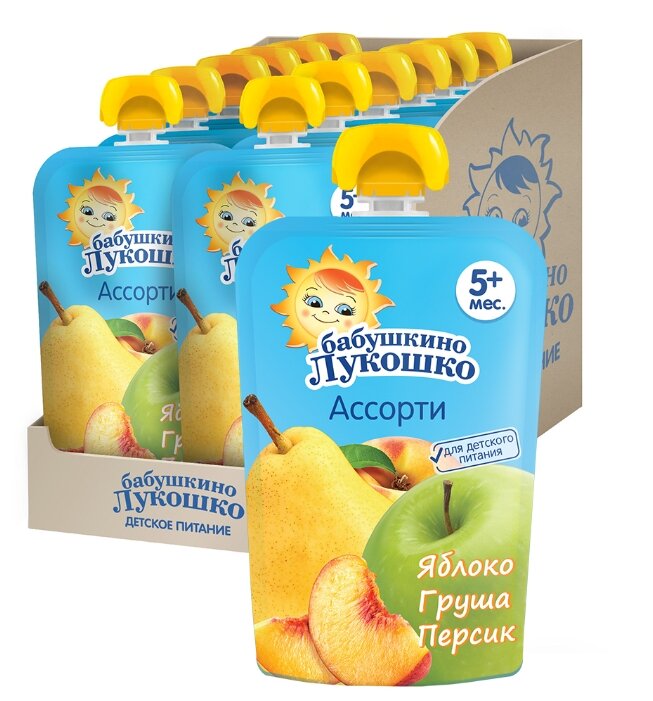 Бабушкино Лукошко яблоко, груша, персик, с 5 месяцев, 90 г, 12 шт.
