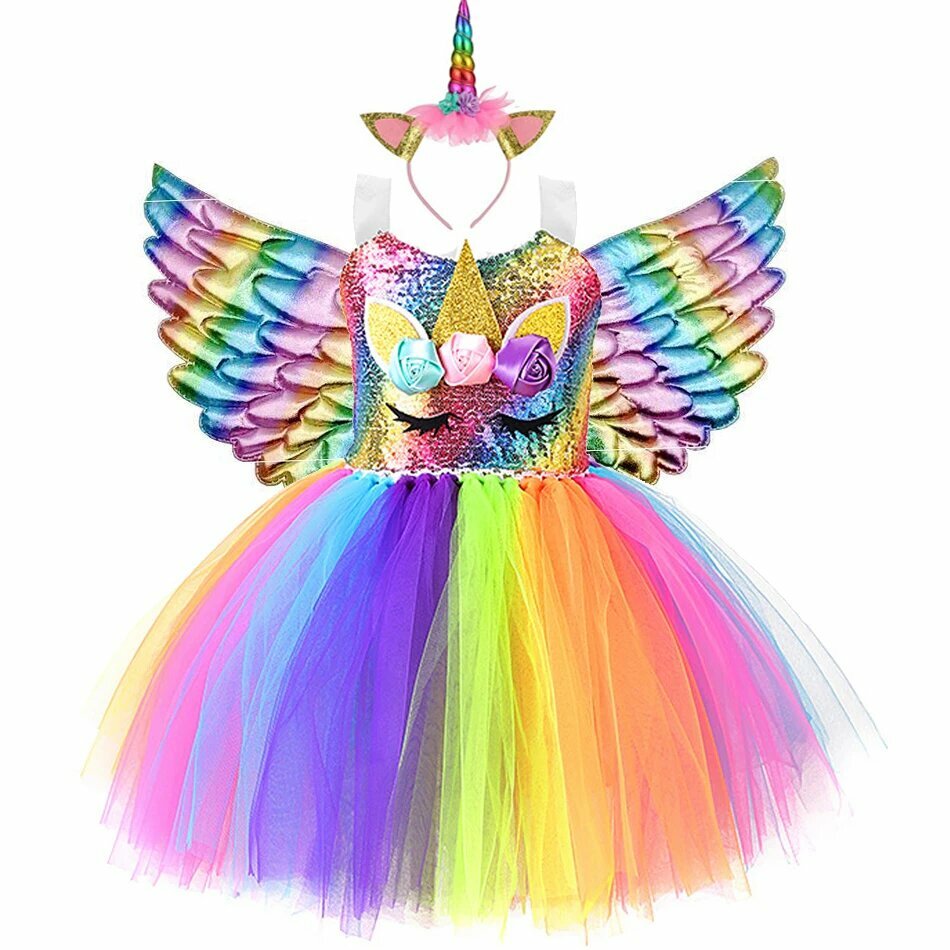 Платье принцессы с единорогом для девочек, блестящая детская мультяшная одежда со светодиодными светящимися крыльями, повязка на голову, костюм для сцены, Хэллоуина