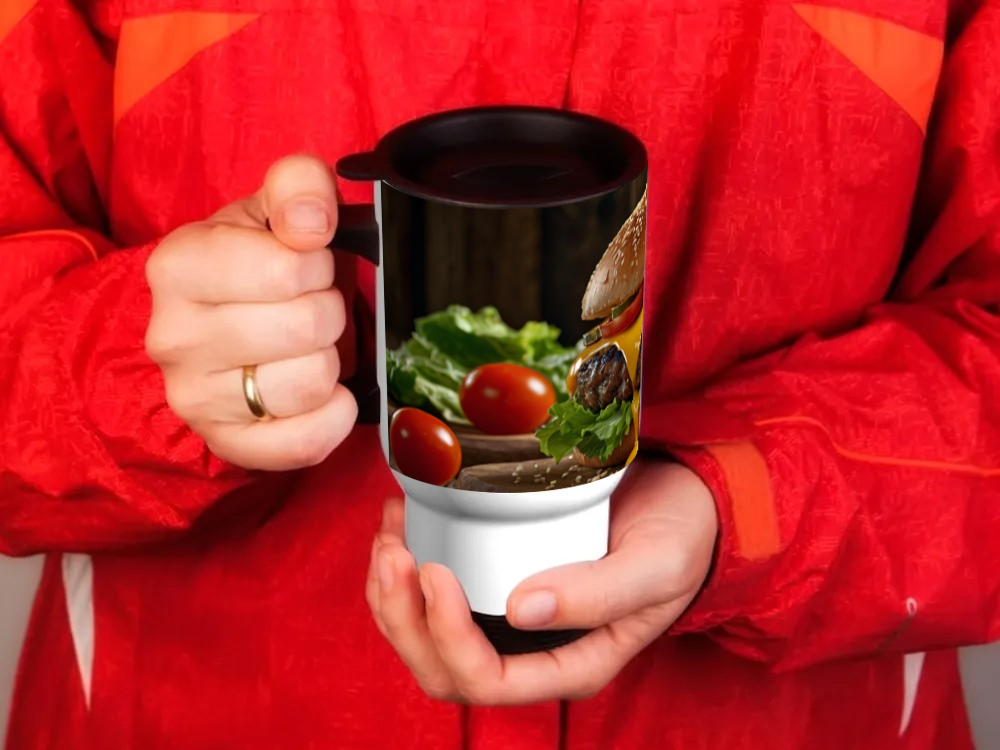 Тремокружка для авто с принтом "Реалистичный гамбургер, juicy hamburger, аппетитный бургер с говядиной, фастфуд фотография, вкусные ингредиенты, бургер с начинкой." 0.5 л.