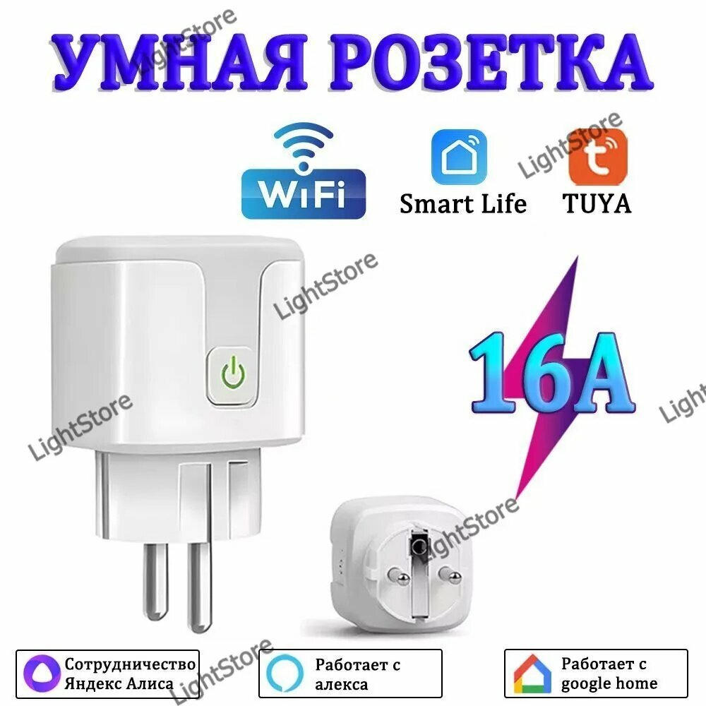 Умная Wi-Fi розетка 16A Tuya Smart Life, с мониторингом энергии и дистанционным управлением, для Alexa, Google и умного дома, вилка EU