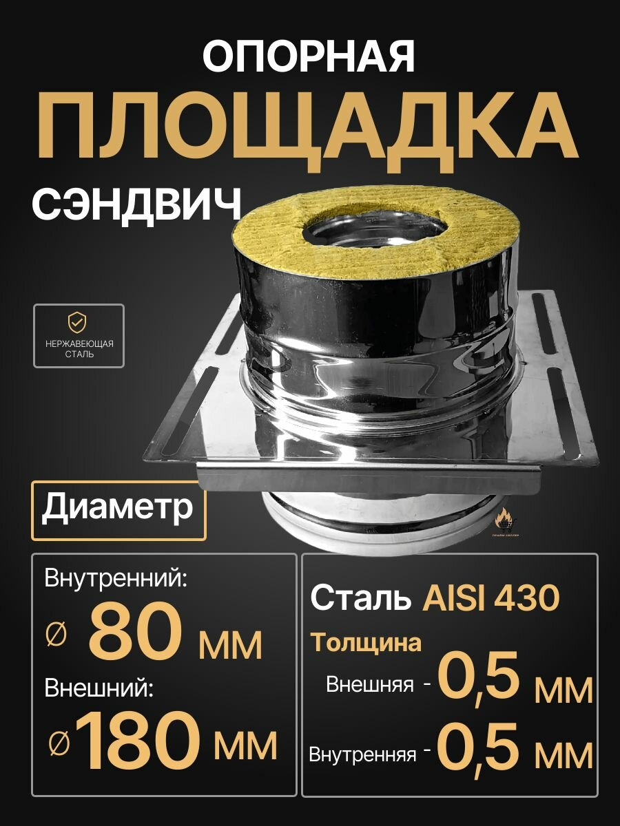 Площадка опорная монтажная для дымохода 0,5/430*0,5/430 Ф 80*180 мм нерж/нерж "Прок"