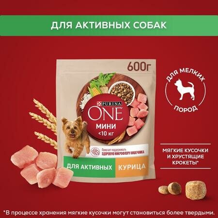 PURINA ONE мини 2 шт по 600 г сухой корм для собак мелких пород с активным образом жизни, с высоким содержанием курицы и с рисом