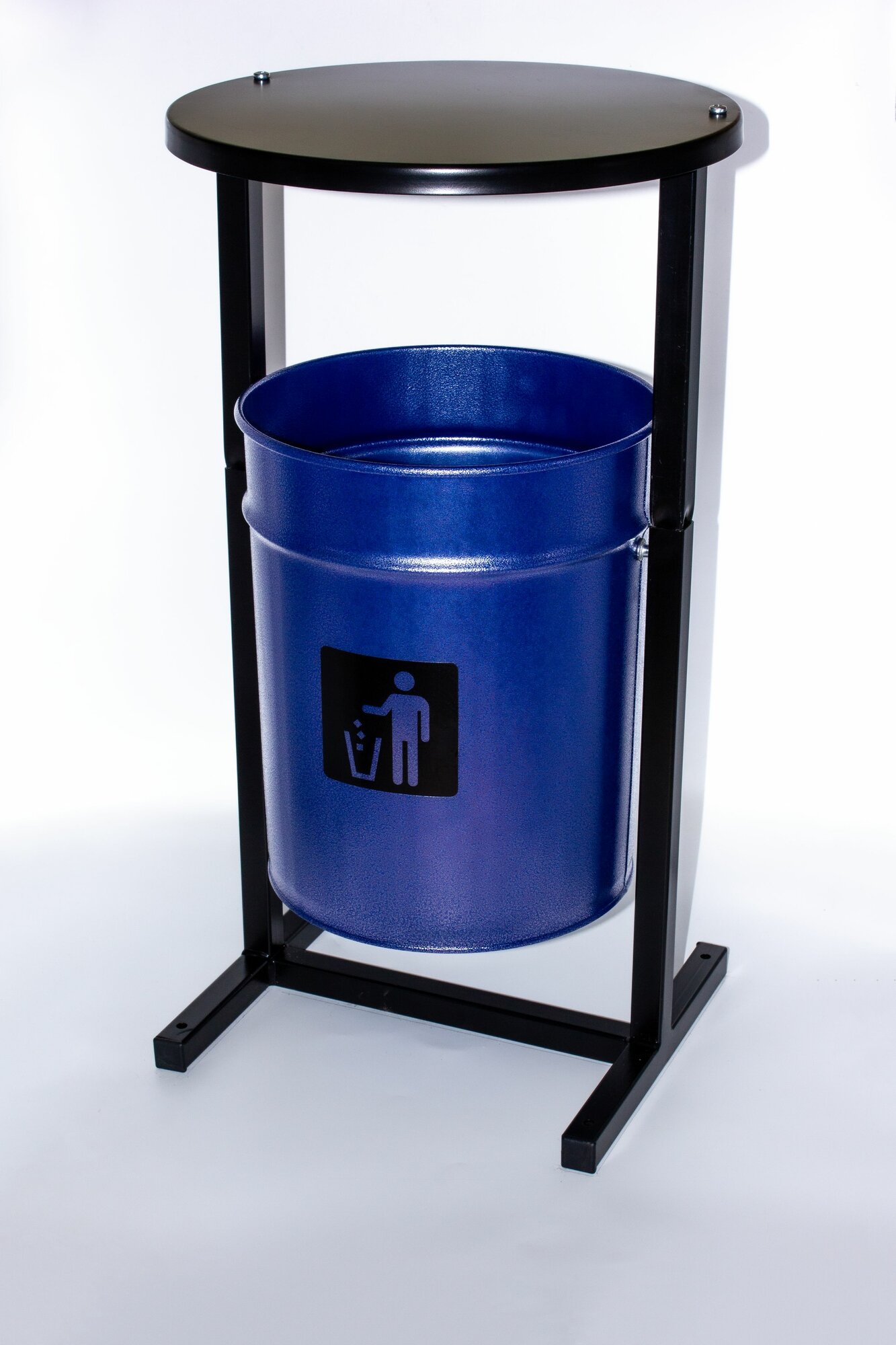 Урна Т металлическая уличная круглая с квадратными ножками синий металлик с крышкой