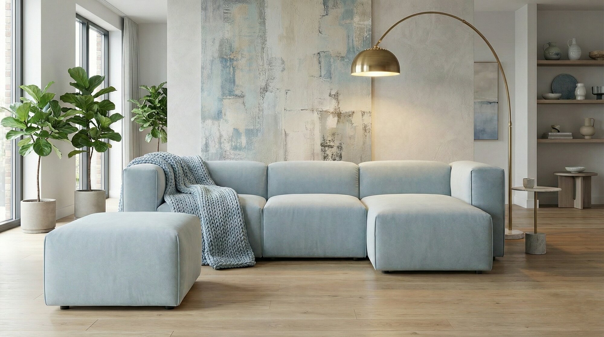 Модульный угловой диван «NUVOLO» / «нуволо» (CINNO CILLINI), с пуфом, memory foam, водоотталкивающий, голубой микровелюр