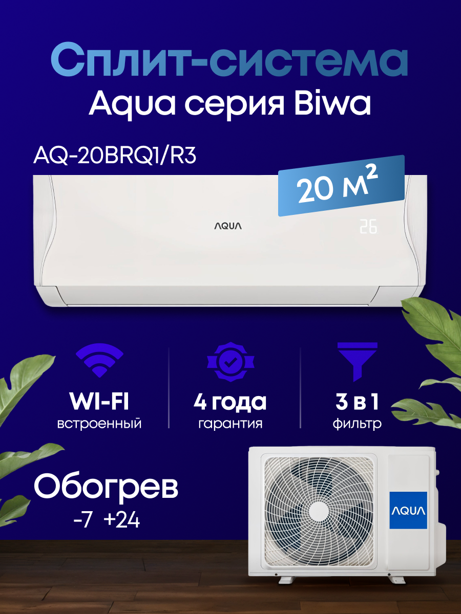 Мощная сплит система Aqua AQ-20BRQ1/R3 WIFI Управление, 4 года гарантии