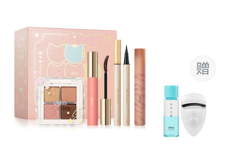 Тени для век женские UKISS Eyes Box, набор 4 Colors Eye Shadow 005+Mascara Base Layer 02+Eyeliner Liquid Pen SF03+Water Lip Gloss W03