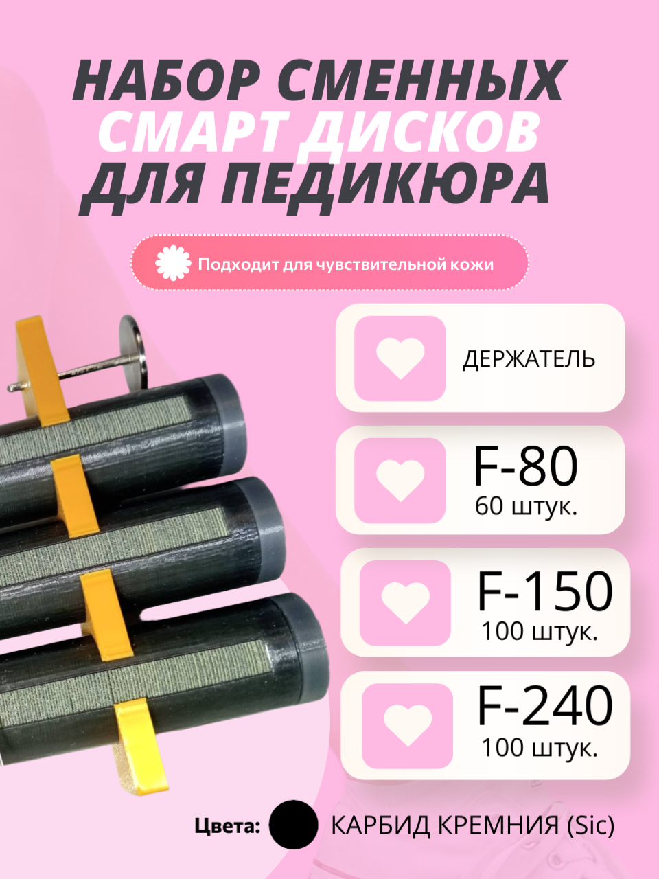 Набор сменных смарт дисков для педикюра D-20мм, F-80/60штук, F-150/100штук, F-240/100штук, держатель. Карбид кремниевые (Sic) в пластиковом боксе