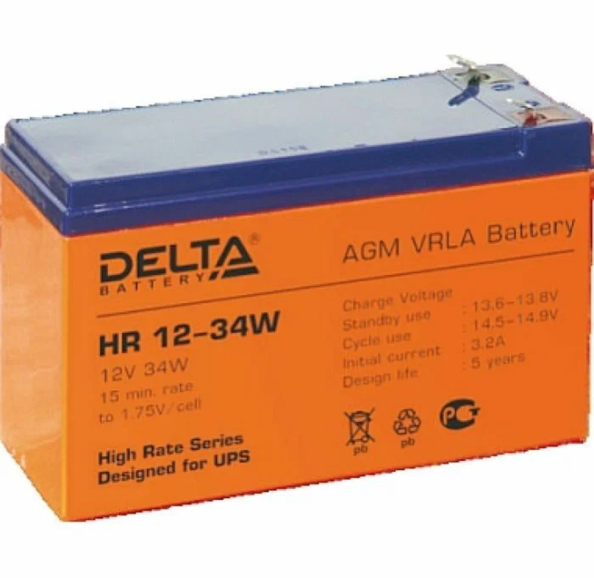 Аккумуляторная батарея для ИБП DELTA HR 12-34 W, 12V, 9Ah, влагозащищенный корпус, оранжевая