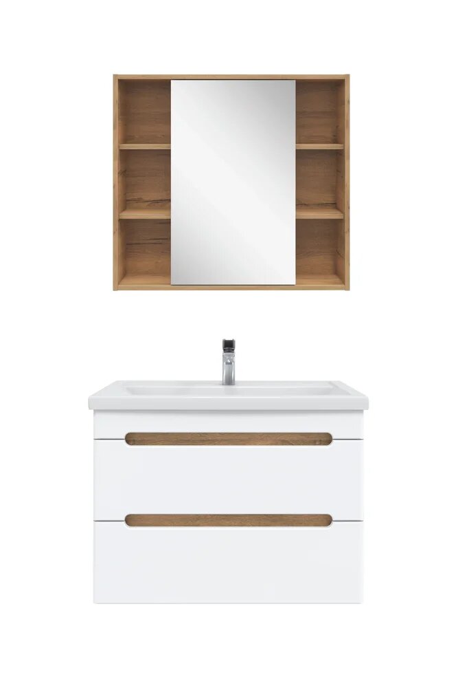 Мебель для ванной комнаты SanStar Diva 80 подвесная, матовая белая, дуб вотан, раковина Фостер 80