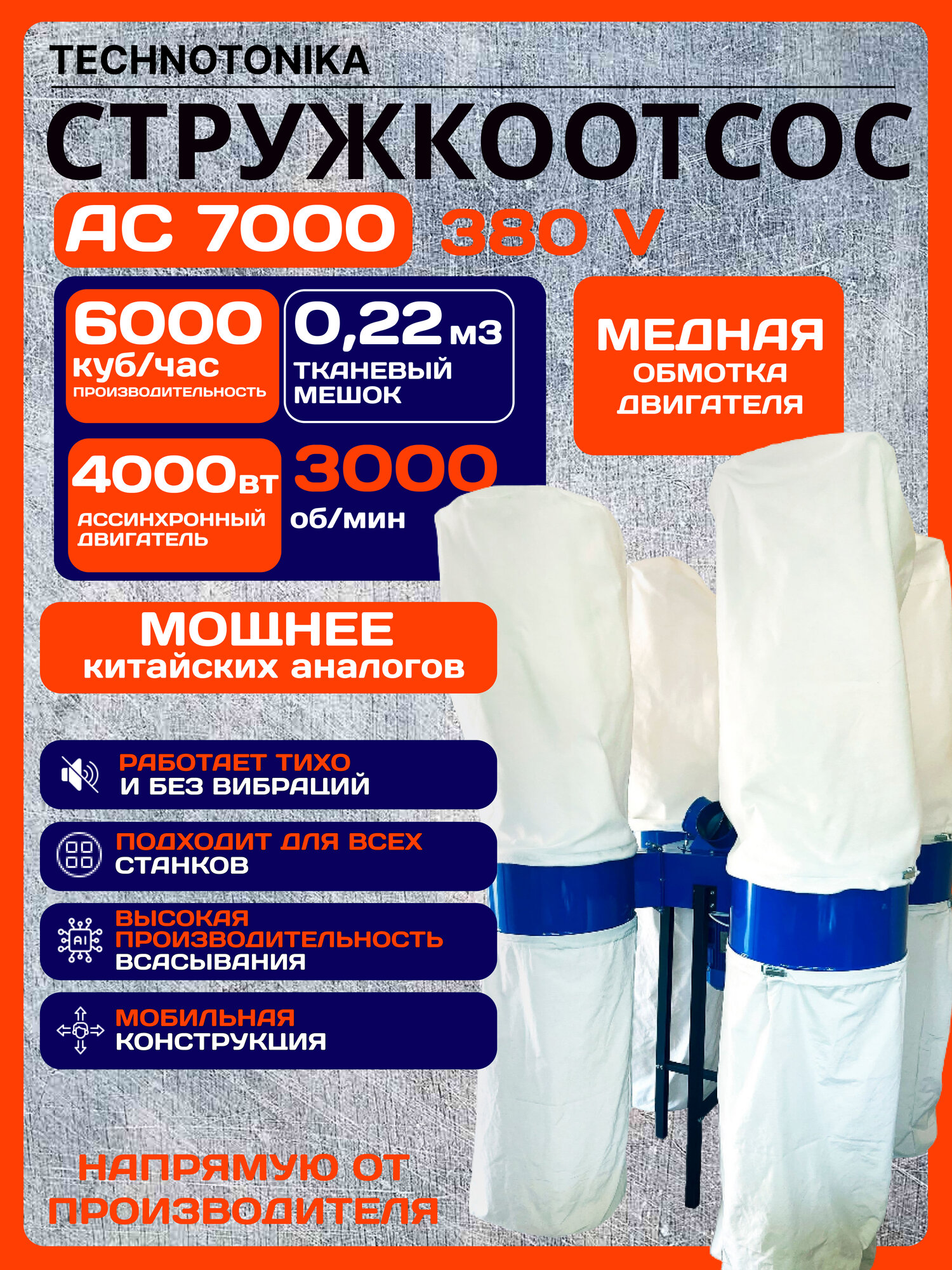 Стружкоотсос (вытяжная установка) TECHNOTONIKA АС-7000, 4 кВт, 380v
